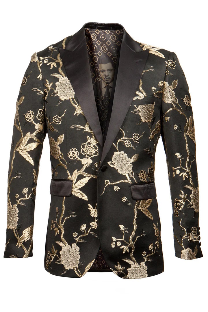Gold Prom Tuxedo Suit - Gold Wedding Suit - Men's Shiny Floral Satin P