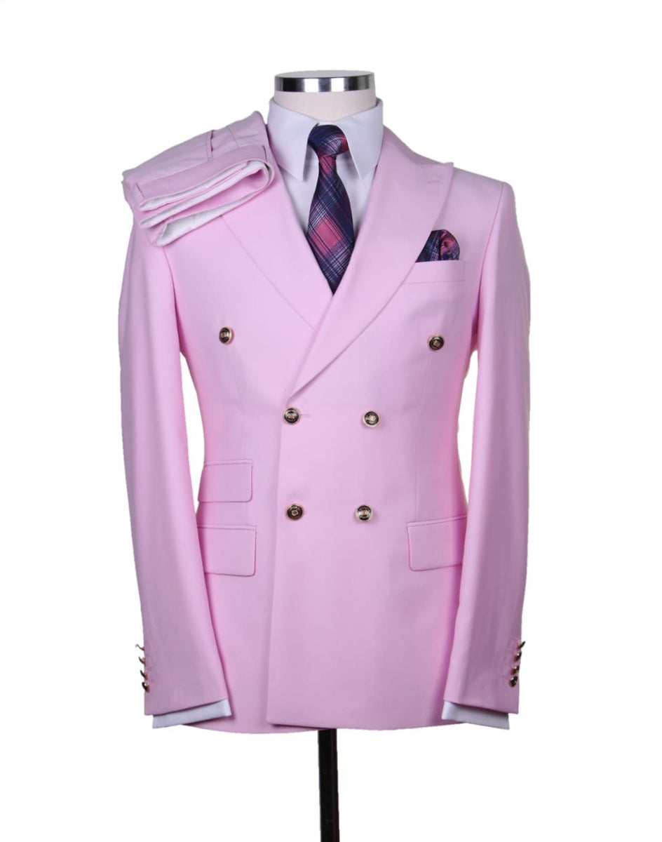 Mens Light Pink Double-Breasted Suit with Gold Buttons – 2-Piece Slim ...