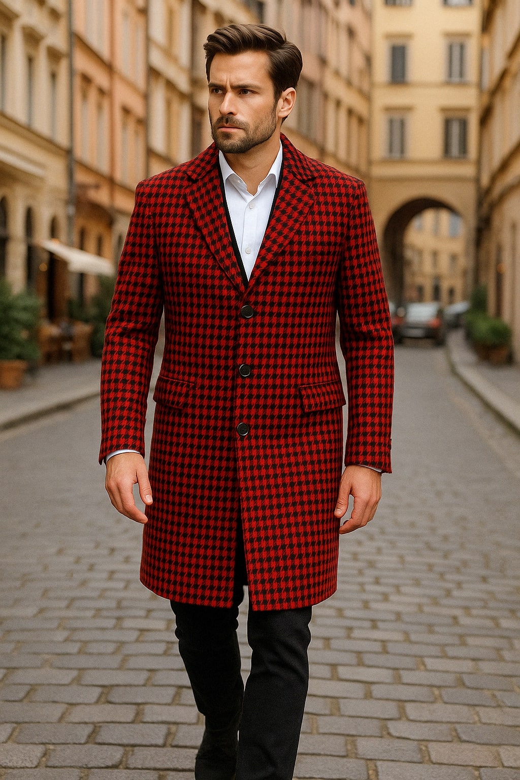 Men’s Red and Black Houndstooth Overcoat – Classic Wool Long Coat - Ch