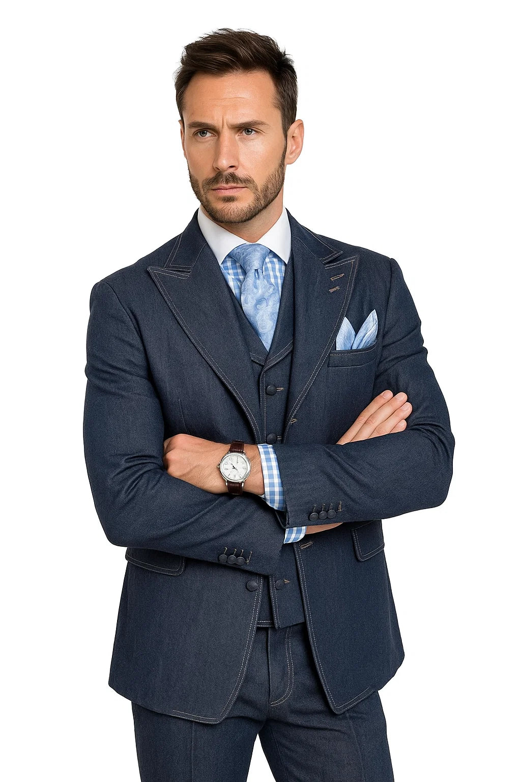 Men's Cotton Denim Suit – Double Vents, Vest & Flat Pants